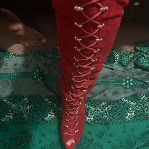 Liliana | Shoes | Thigh Red Lace Up Boots With Heel | Poshmark